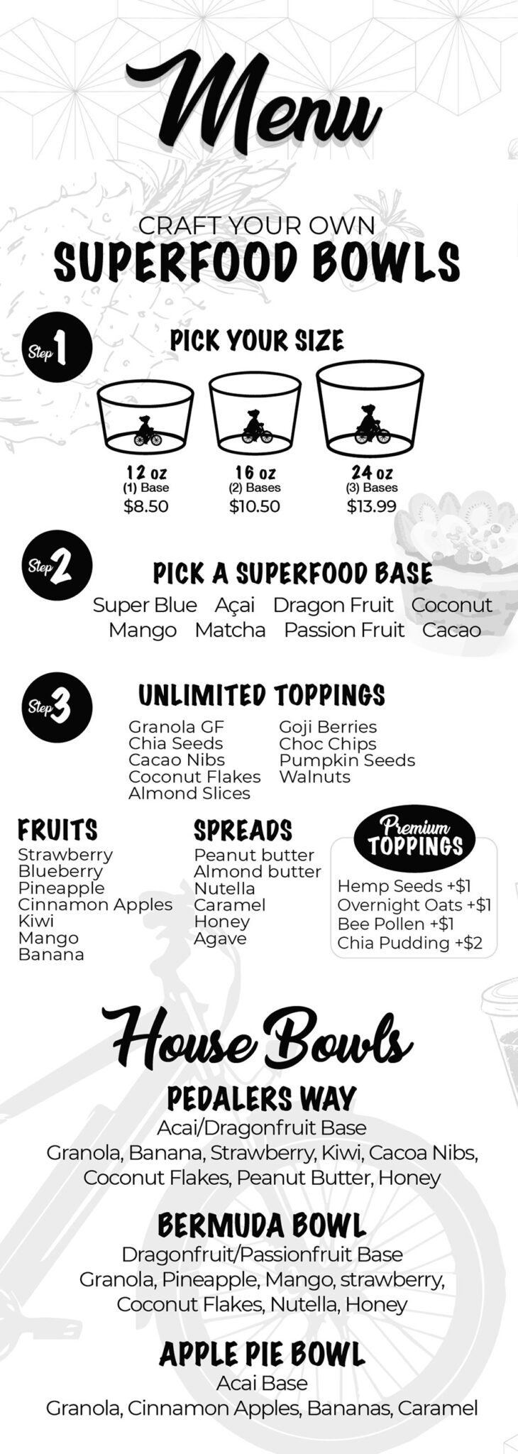 MENU – E-bikes, Smoothie Bowls, Acai, Coffee and more