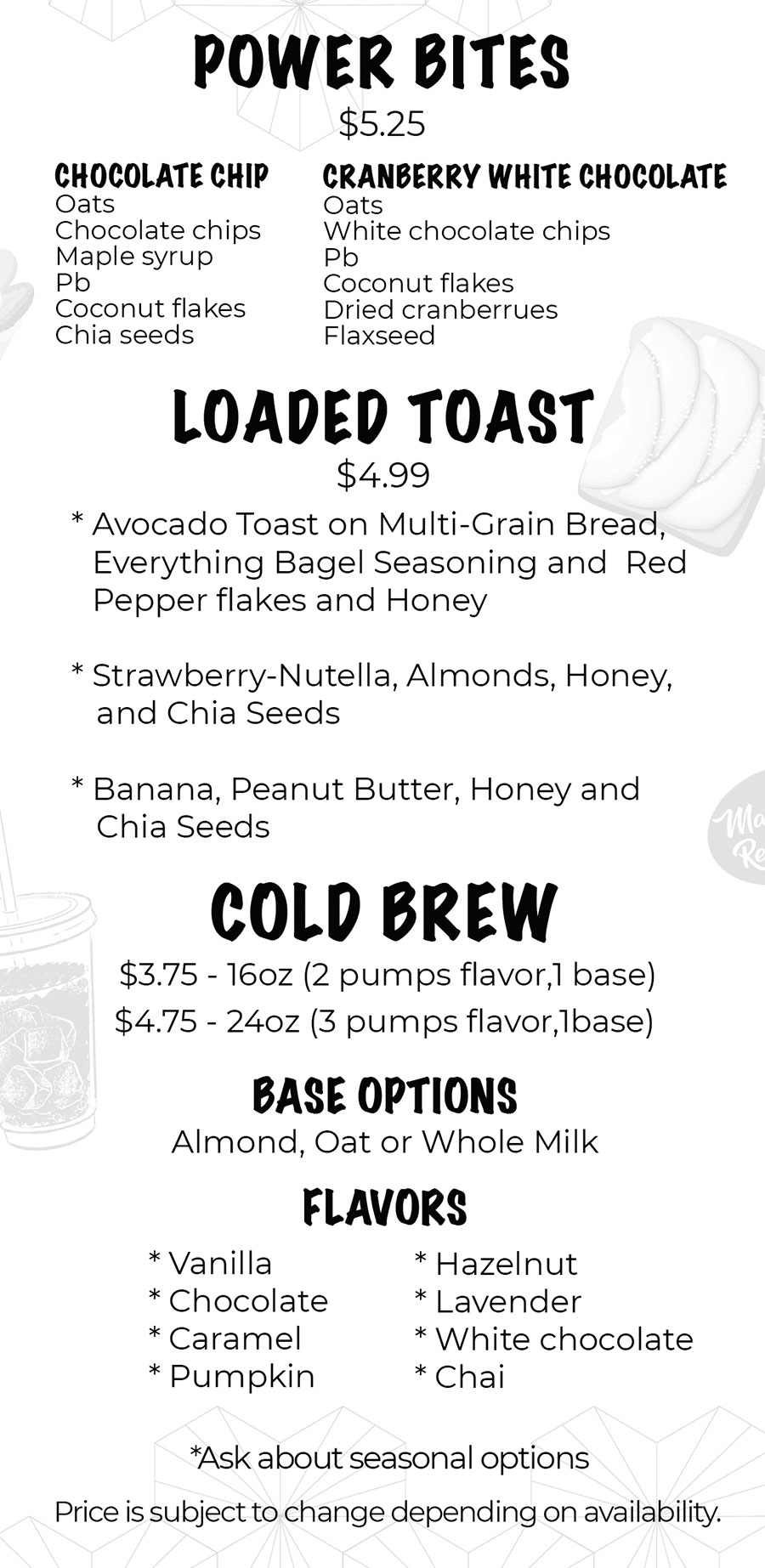 MENU – E-bikes, Smoothie Bowls, Acai, Coffee and more